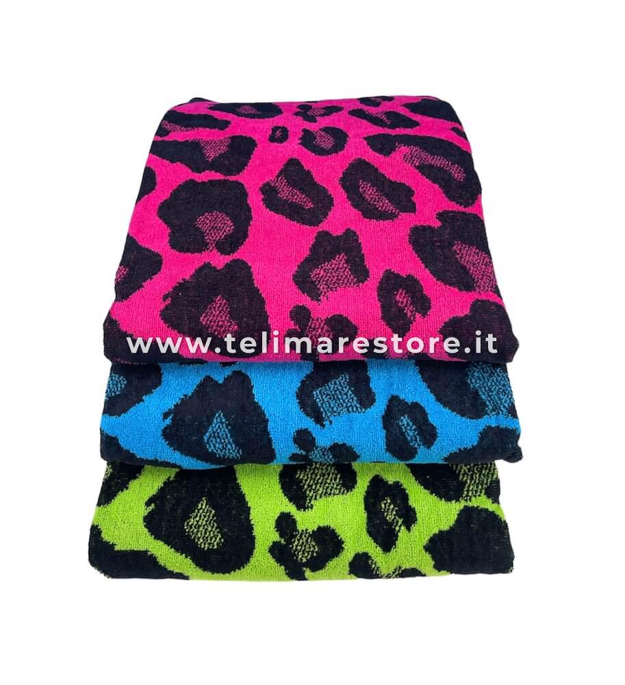 Telo Mare Elettra Leopardato Verde, spugna 100% cotone Asciugamano Spiaggia